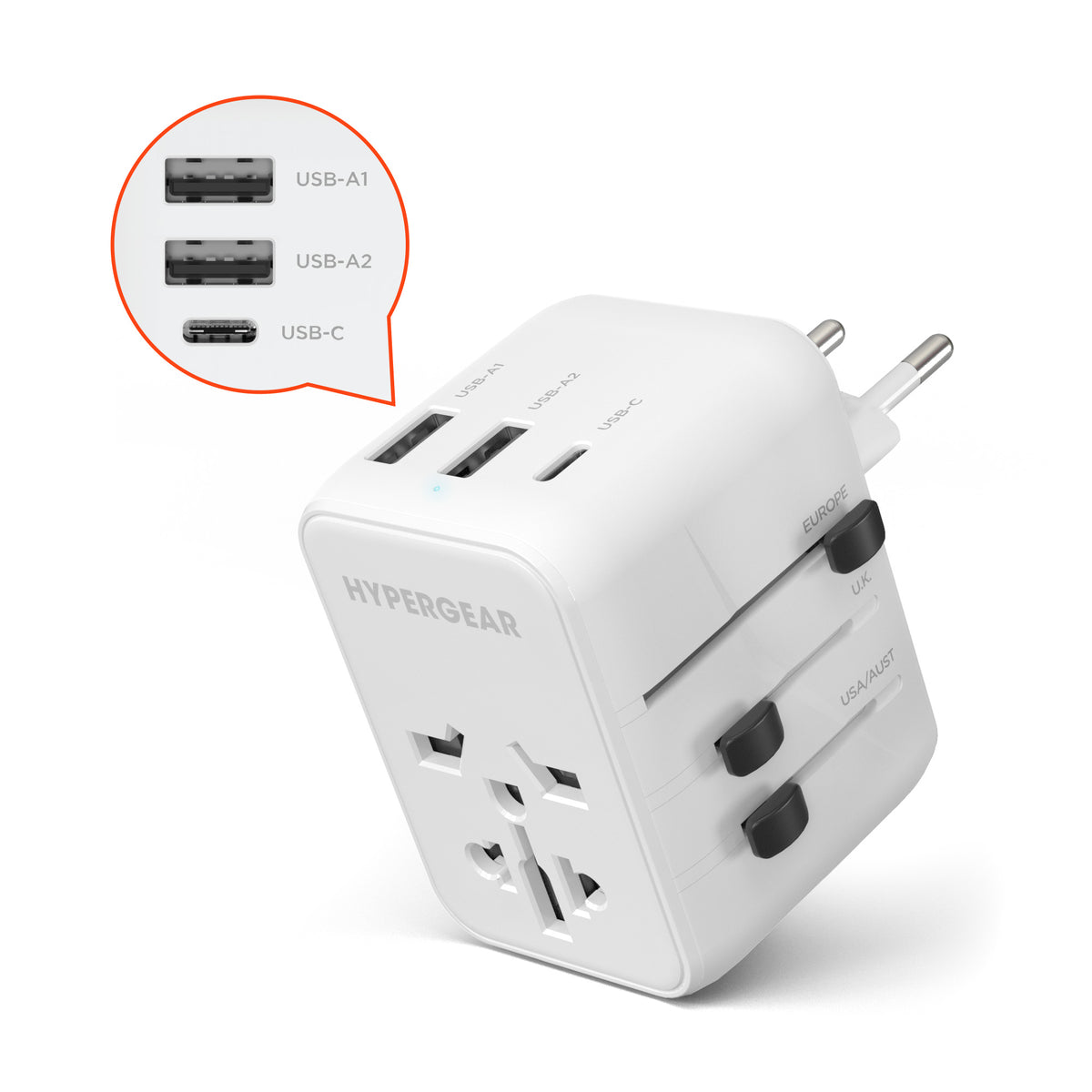 WorldCharge Universal Travel Adapter with USB-C | White – HYPERGEAR