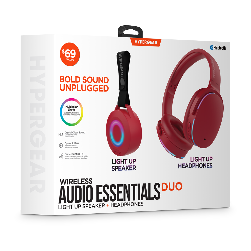 Wireless Audio Essentials Duo | Light-Up Speaker + Headphones | Red ...