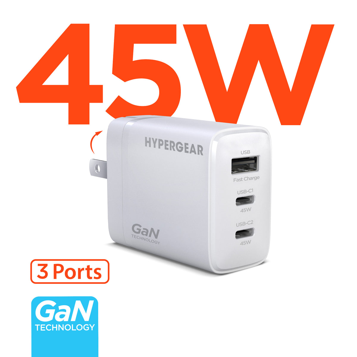 SpeedBoost 45W USB-C PD Tri-Port GaN Fast Wall Charger with PPS | Whit ...